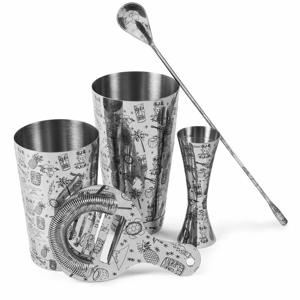 Tiki Stainless Steel 5 Piece Cocktail Set Tin-on-Tin Shaker, Jigger, S ...